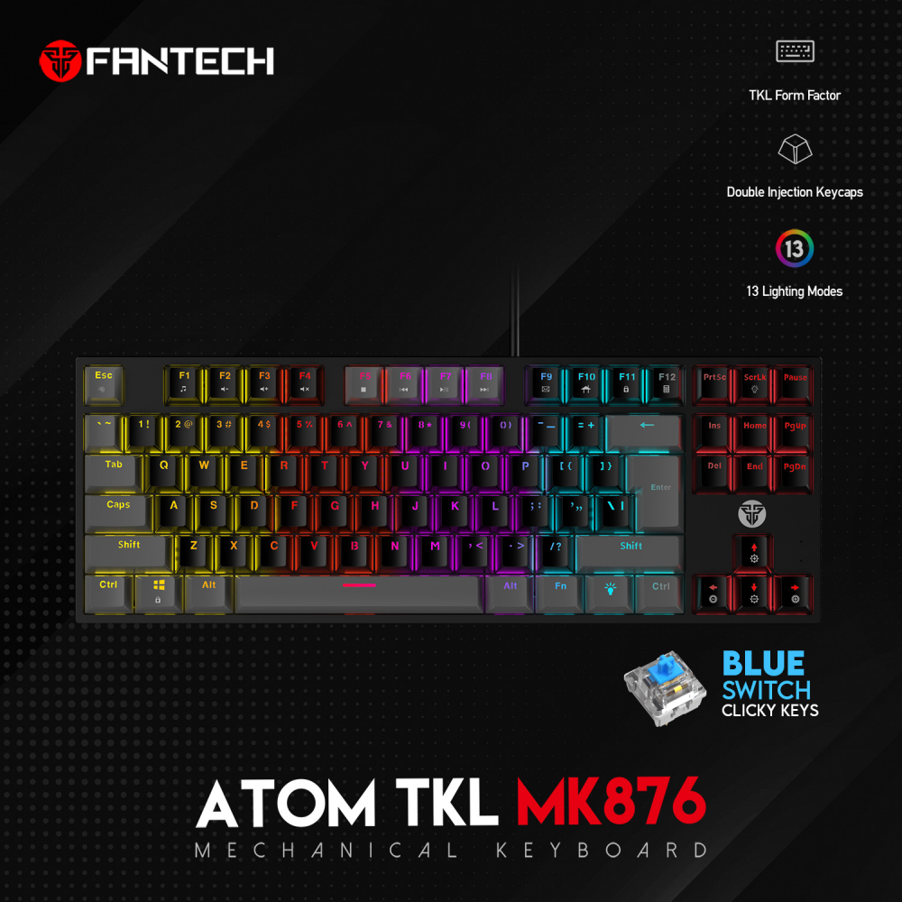 Tastatura Mehanicka Gaming Fantech MK876 RGB Atom TKL crna (Blue switch ...