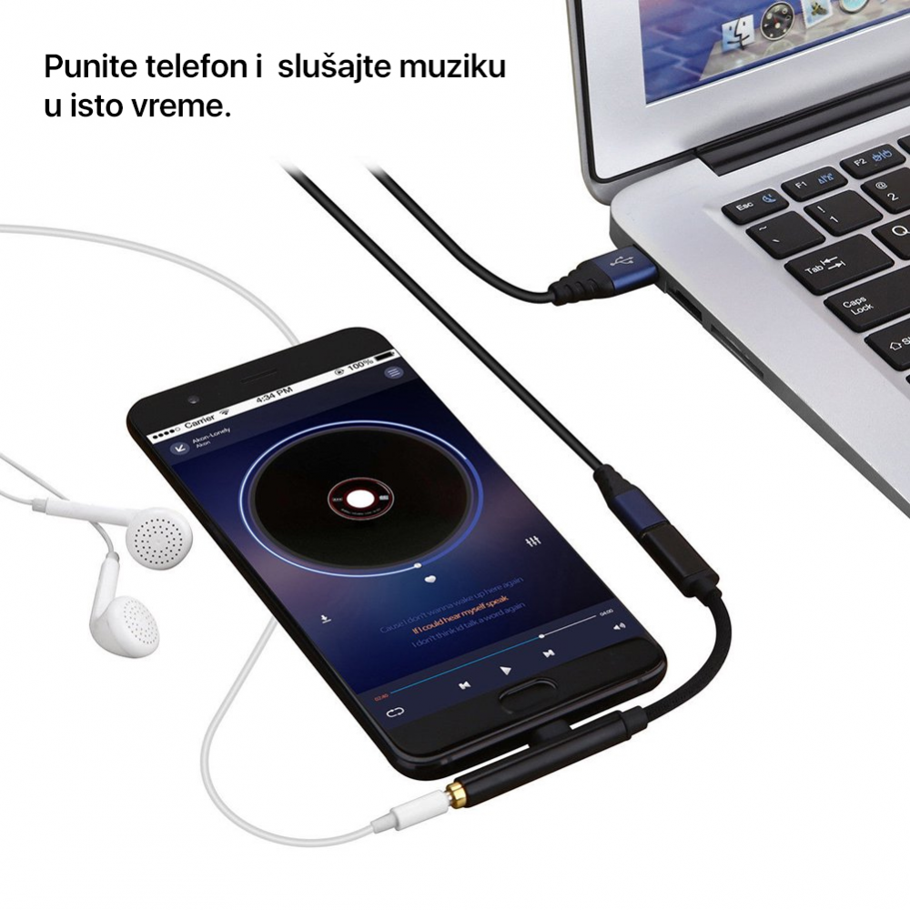 Adapter za slusalice i punjenje Type C sivi - Mob-Shop