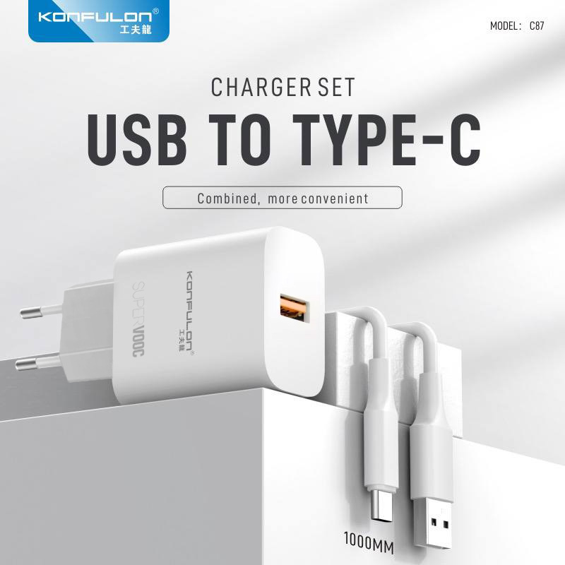 Kucni punjac KONFULON C87Q, 3A, 25W, sa Type C USB kablom beli - Mob-Shop