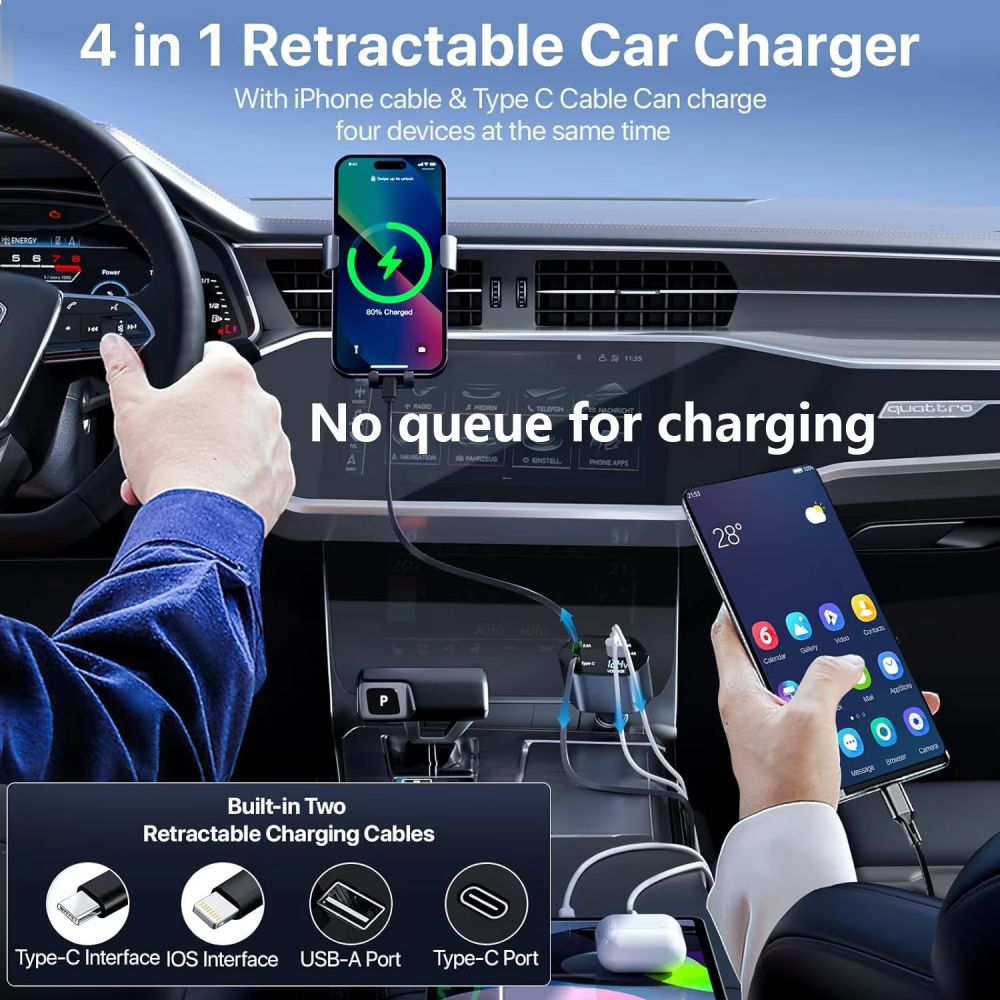 Auto punjac C1 4u1 PD 3A, USB 2.4A 120W (total) sa Type C/lightning ...