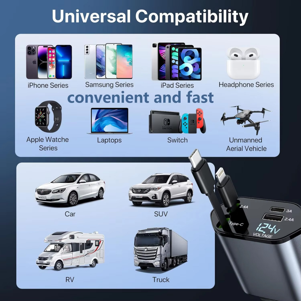 Auto punjac C1 4u1 PD 3A, USB 2.4A 120W (total) sa Type C/lightning ...