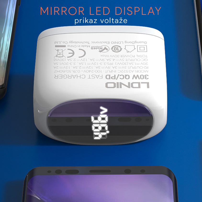 Kucni punjac LDNIO A2522C QC3.0, PD, PPS, LED Display, 30W sa Type C na ...