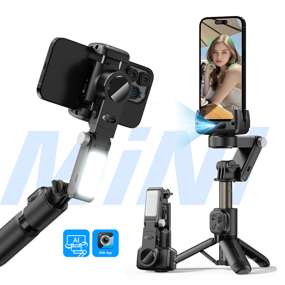 Tripod stabilizator Q19 smart AI sa selfie stickom i LED svetlom crni ...