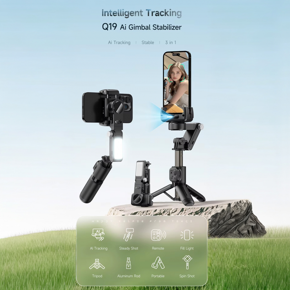 Tripod stabilizator Q19 smart AI sa selfie stickom i LED svetlom crni ...